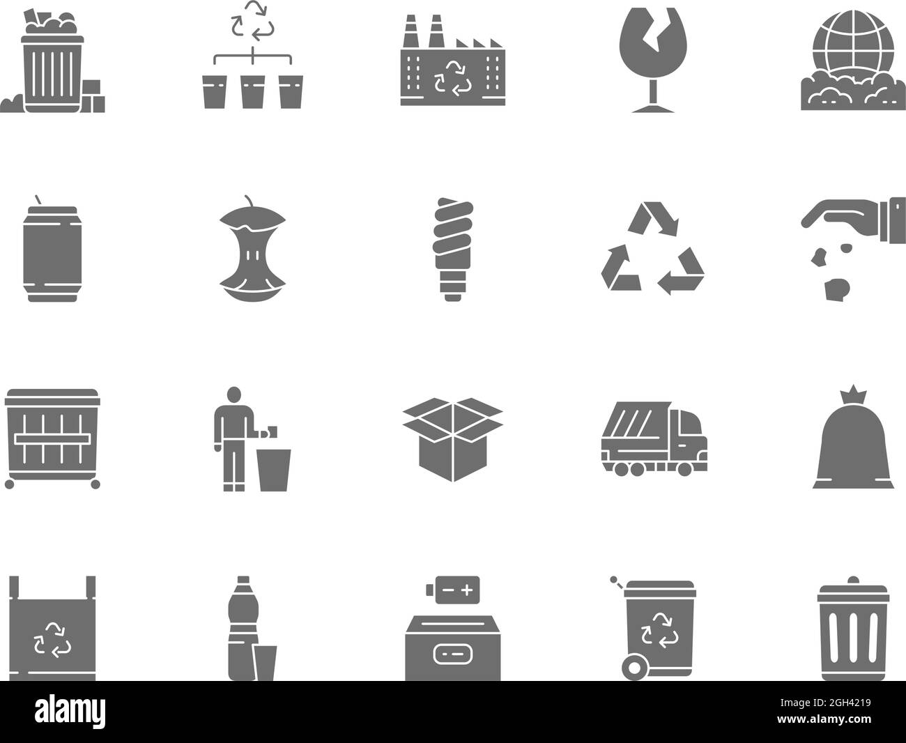 Set of Garbage Gray Icons. Dumpster, Beer Can, Broken Glass, Apple Core ...