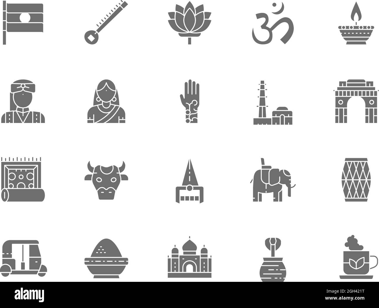 Set of Indian Culture Grey Icons. Elephant, Tuk Tuk Car, Cobra, Sitar ...
