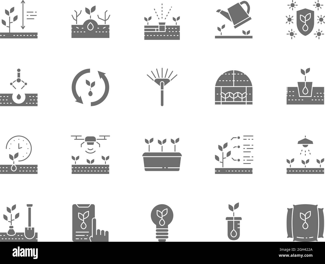Set of Planting Grey Icons. Weed Control, Rake, Greenhouse, Agriculture ...