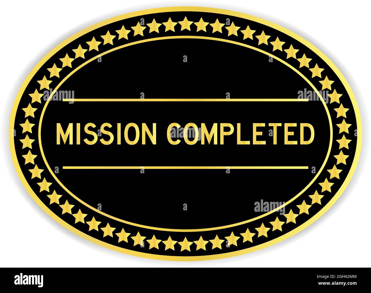 Gold and black color oval label sticker with word mission completed on ...
