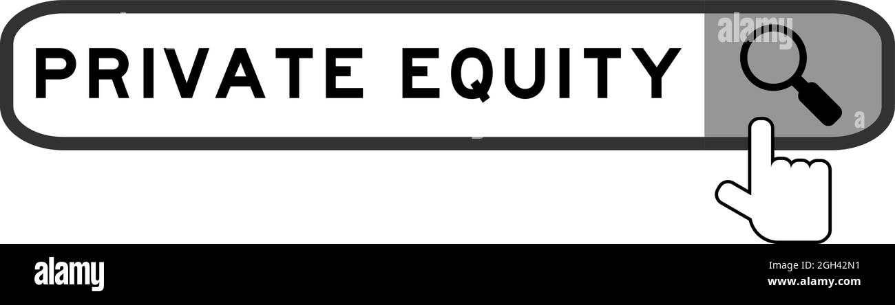 Search banner in word private equity with hand over magnifier icon on ...