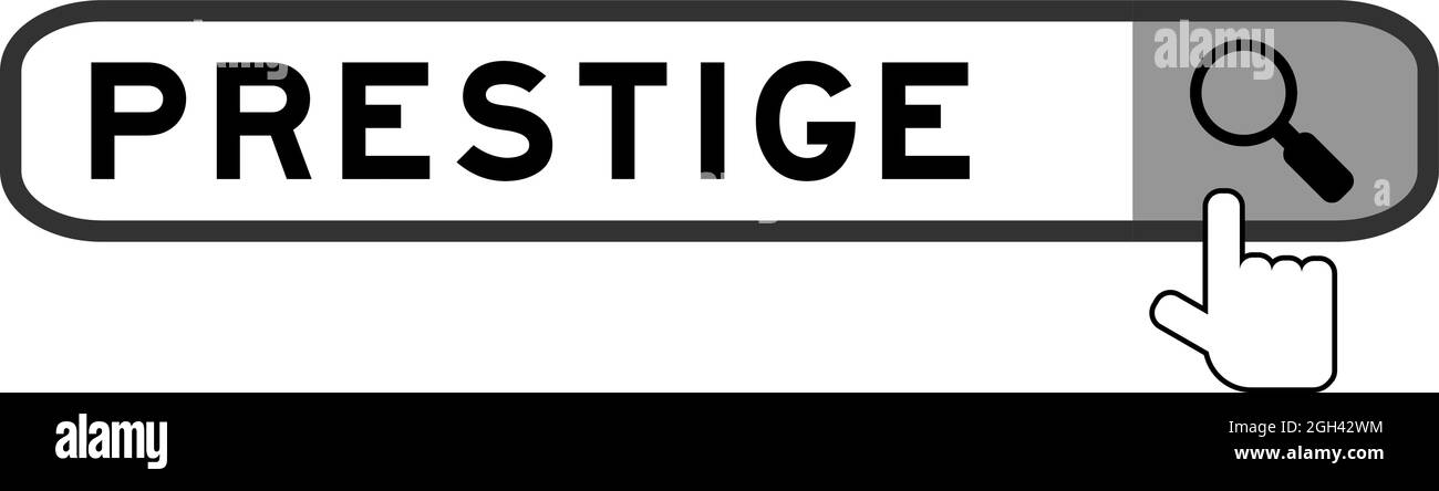 Search banner in word prestige with hand over magnifier icon on white ...