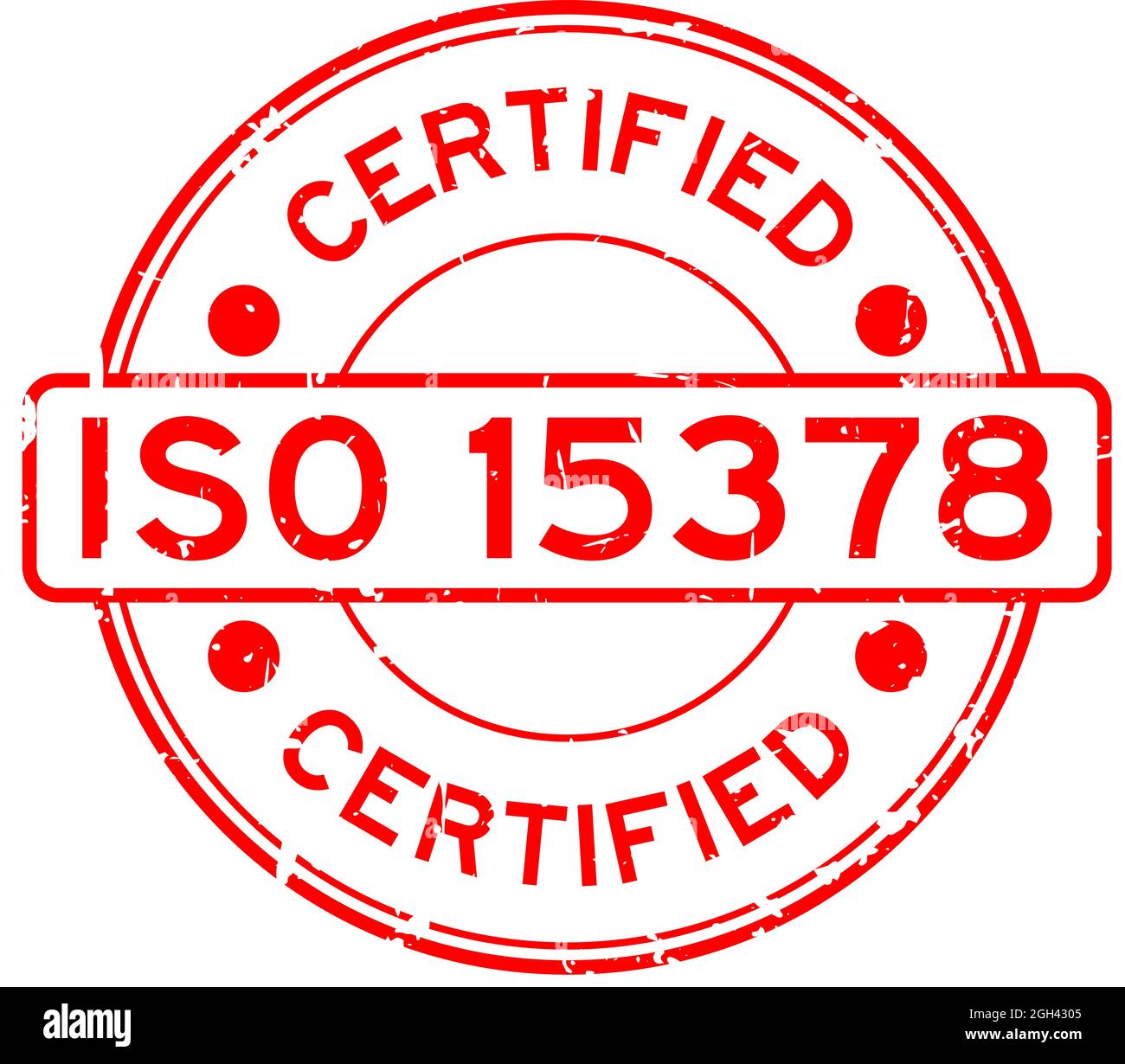 Grunge red ISO 15378 certified word round rubber seal stamp on white ...
