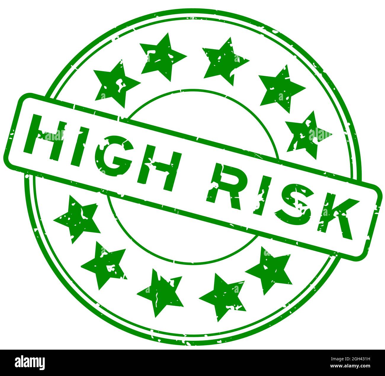 Grunge green high risk word with star icon round rubber seal stamp on white background Stock ...