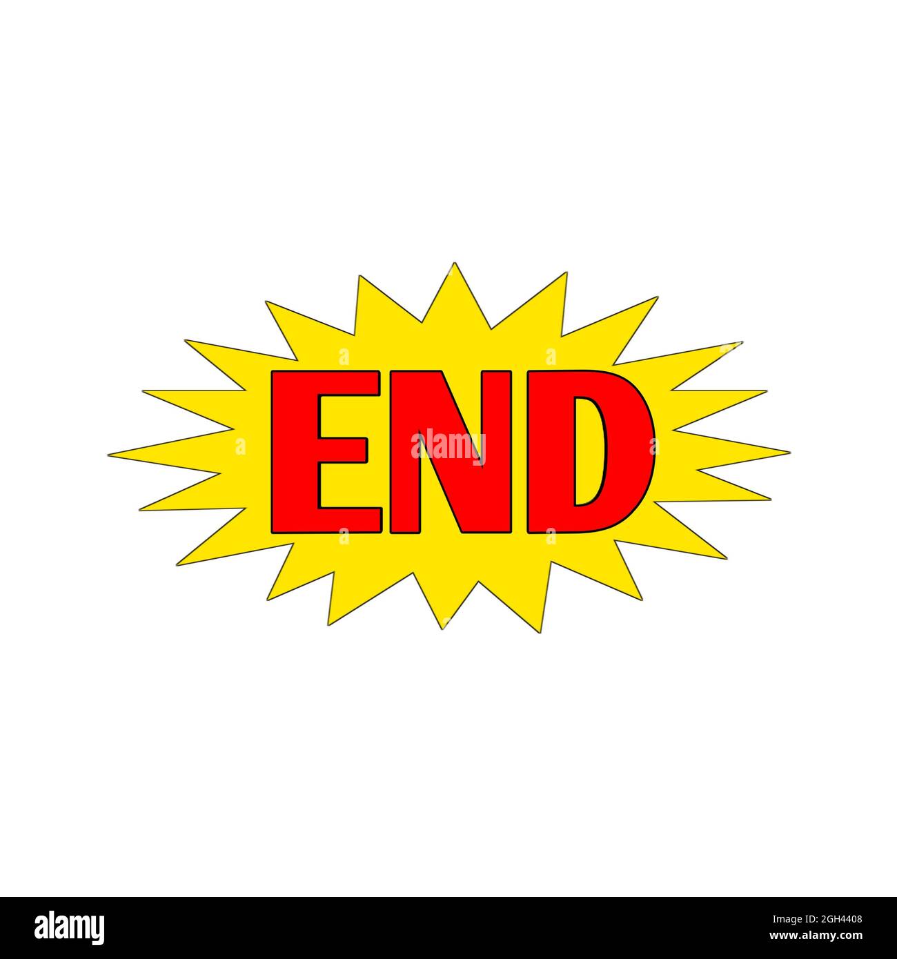 End starbrust icon yellow, red letters white background Stock Photo - Alamy