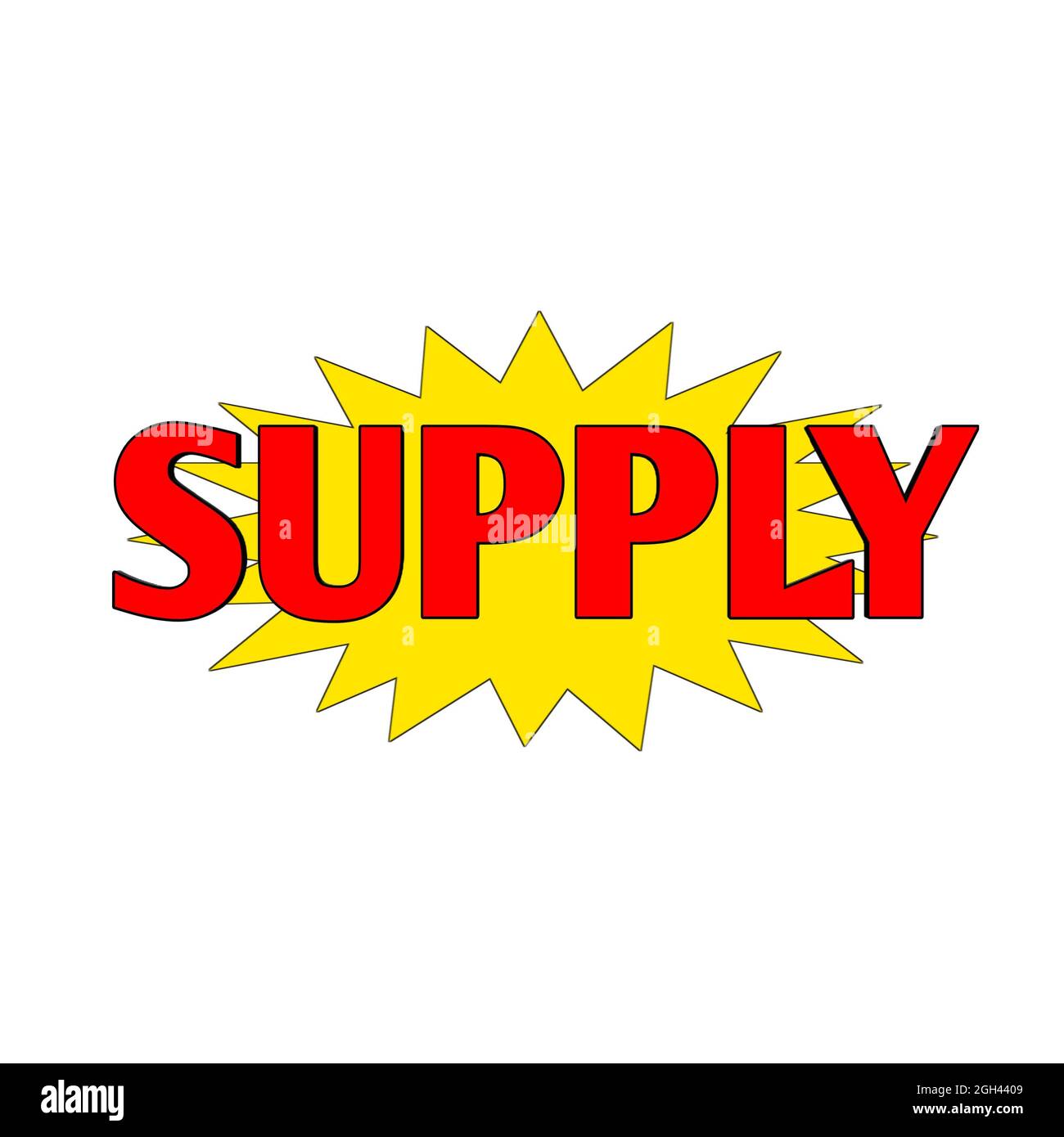 Supply starbrust sticker yellow, red letters white background Stock ...