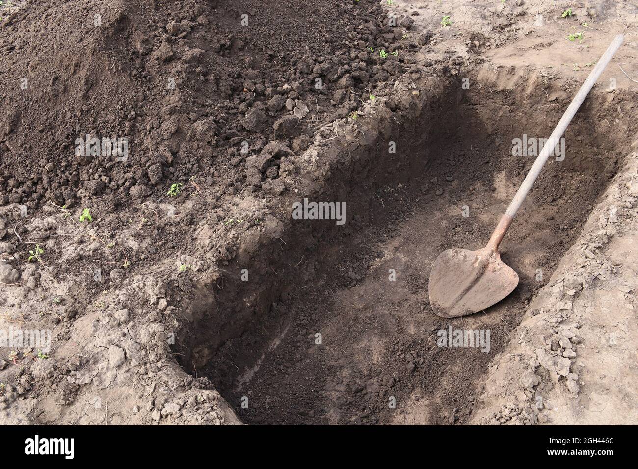 Digging a pit. Pit in the ground. The shovel in the pit Stock Photo - Alamy