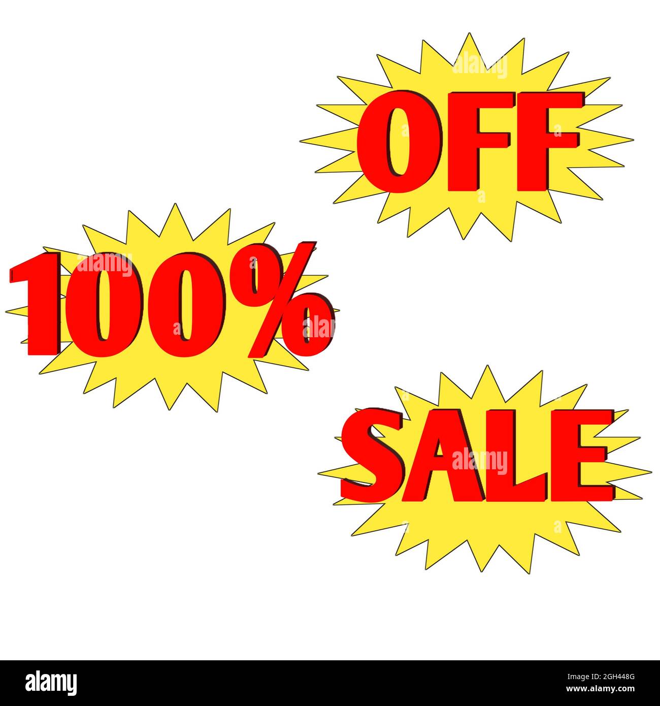 100 percent off sale starbrust yellow, red letters white background ...