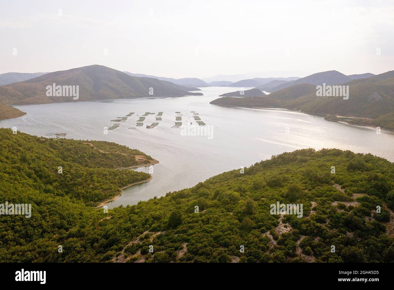 Aerial view of a Vau Dejes reservoir on Drin river, with a ...