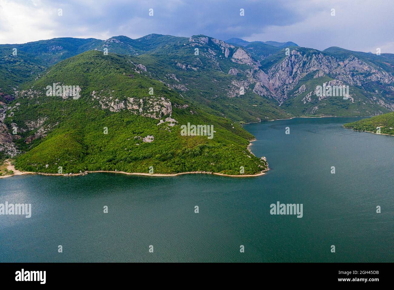 Aerial view of a Vau Dejes reservoir on Drin river, with a ...