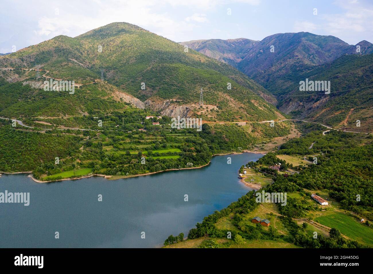 Aerial view of a Vau Dejes reservoir on Drin river, with a ...