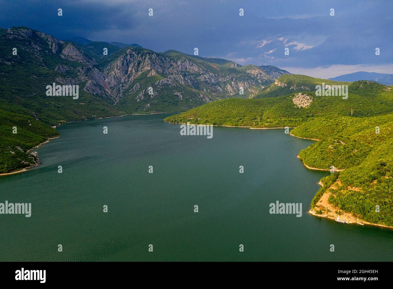 Aerial view of a Vau Dejes reservoir on Drin river, with a ...