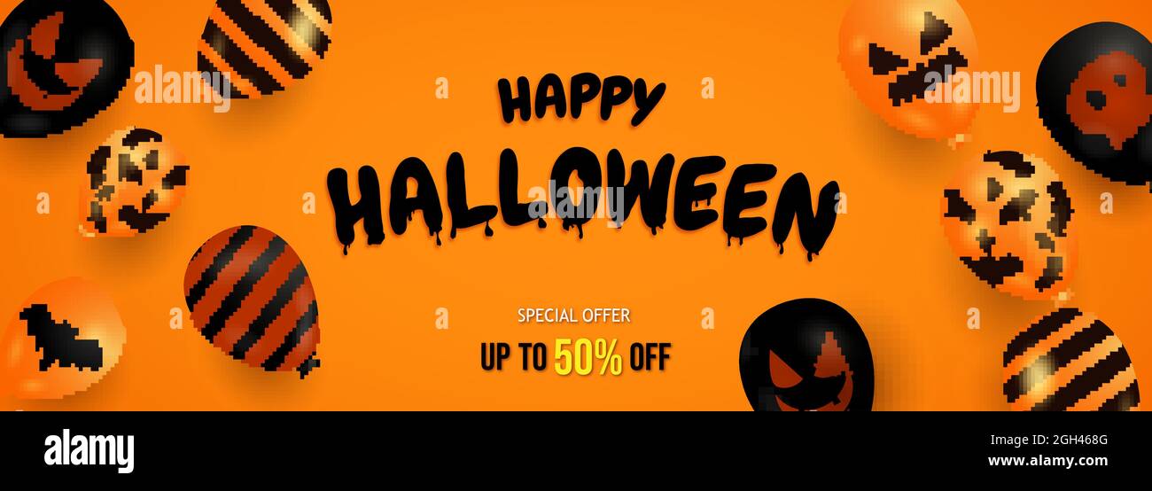 Halloween Sale Promotion Banner with Halloween Ghost Balloons on Orange ...