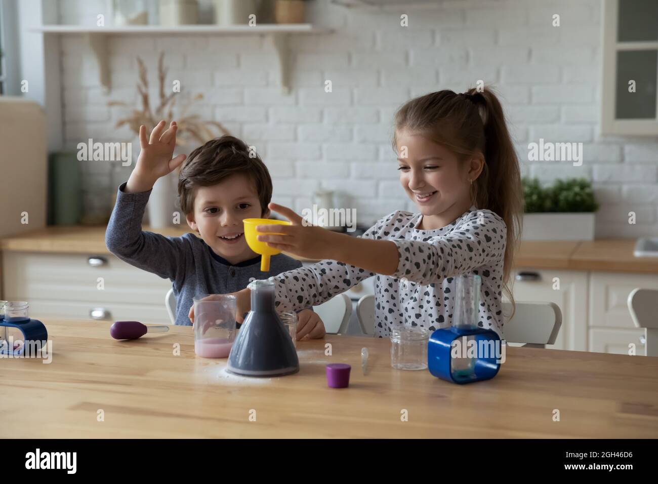 Happy sibling children studying science and having fun at home Stock ...