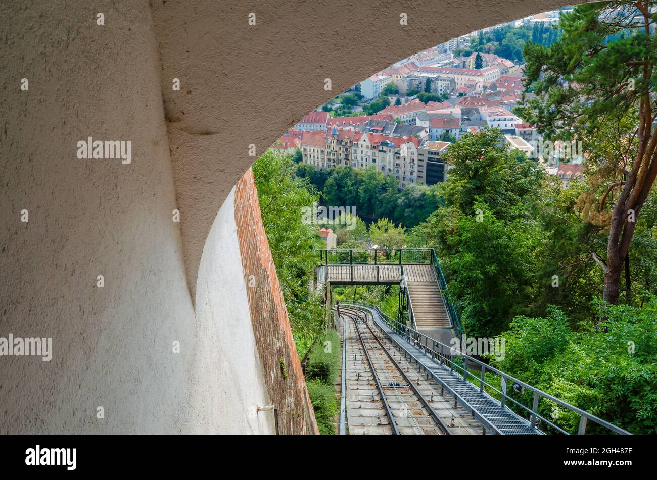 View of the city of Graz, Austria, with the rails of rhe ...