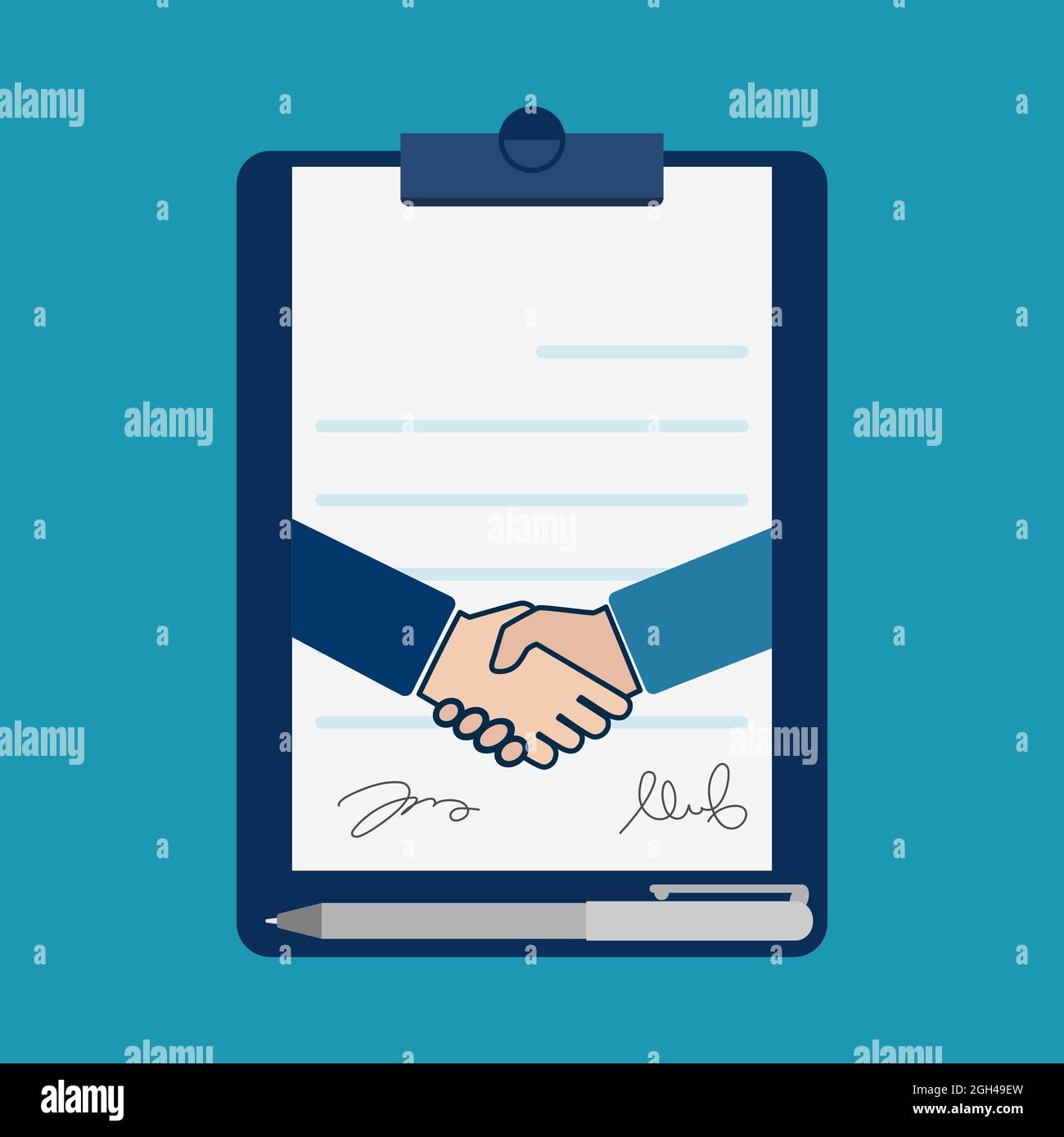 Signing of a contract or agreement. A handshake on the monitor or ...