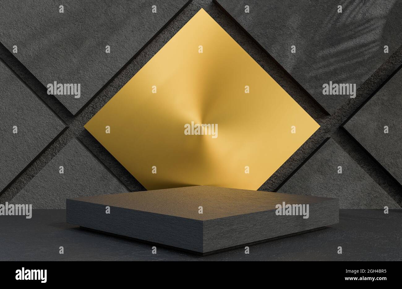 Black stone square podium for product presentation on stone wall ...