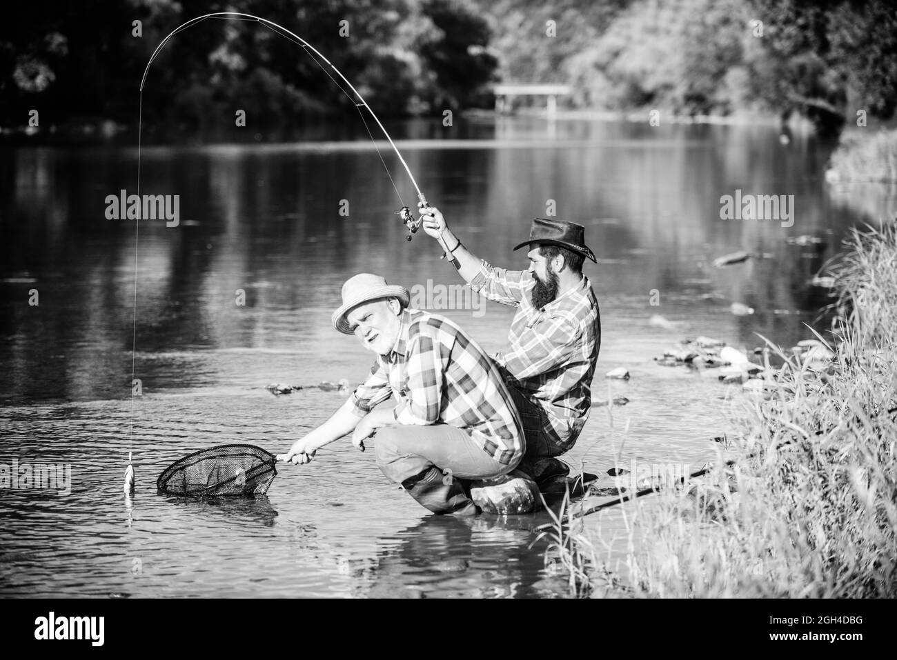 Fly fisherman fishing. fly fish hobby of men. retirement fishery. Two ...