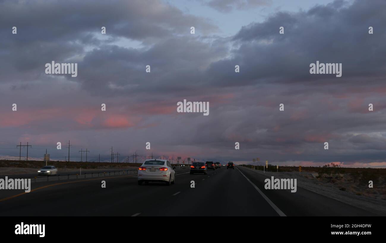 Road trip, driving auto from Death Valley to Las Vegas, Nevada USA ...