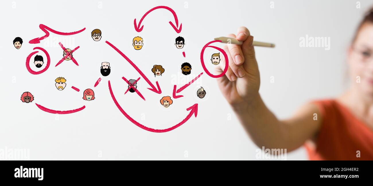 An illustration of human avatars connected with lines as a teamwork and ...