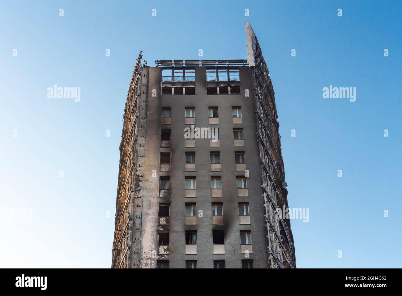 Milan, Italy - September 5, 2021: street view of the burned skyscraper ...