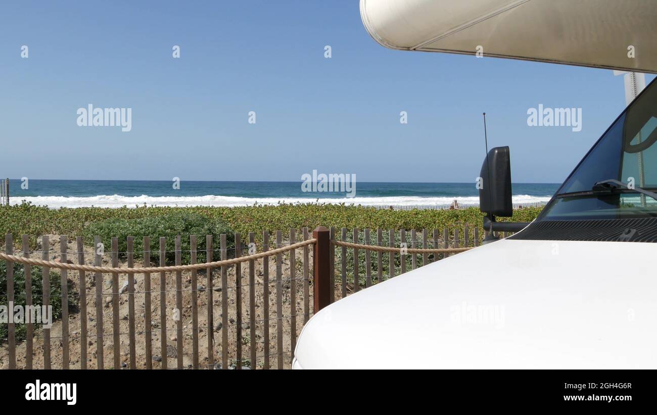 Motorhome trailer, caravan for road trip. Waterfront Encinitas, waves ...