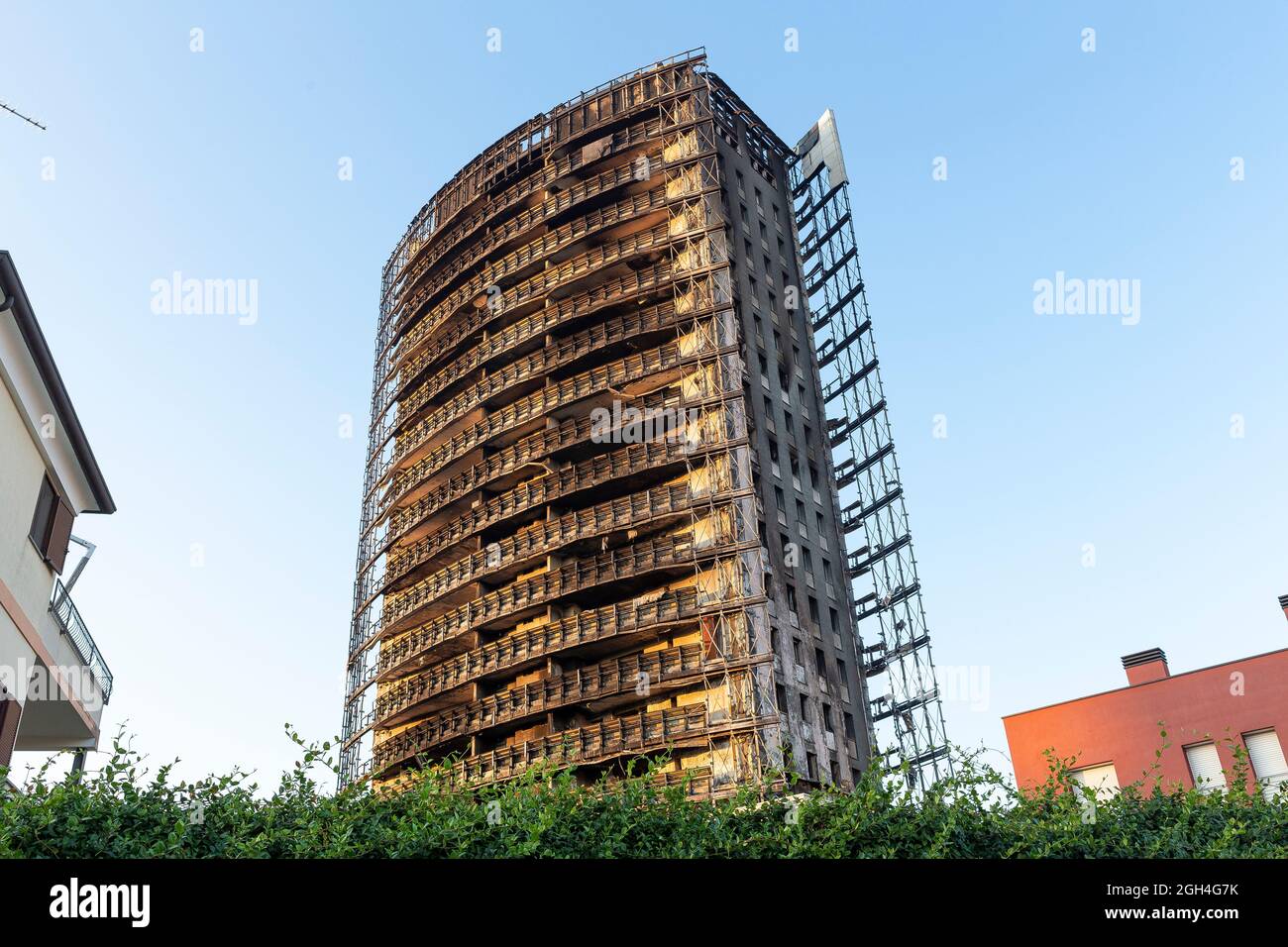 Milan, Italy - September 5, 2021: street view of the burned skyscraper ...