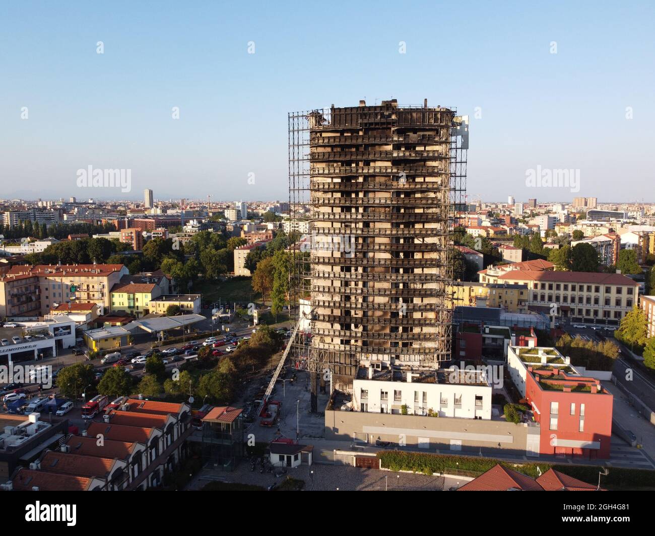 Milan, Italy - September 5, 2021: street view of the burned skyscraper ...
