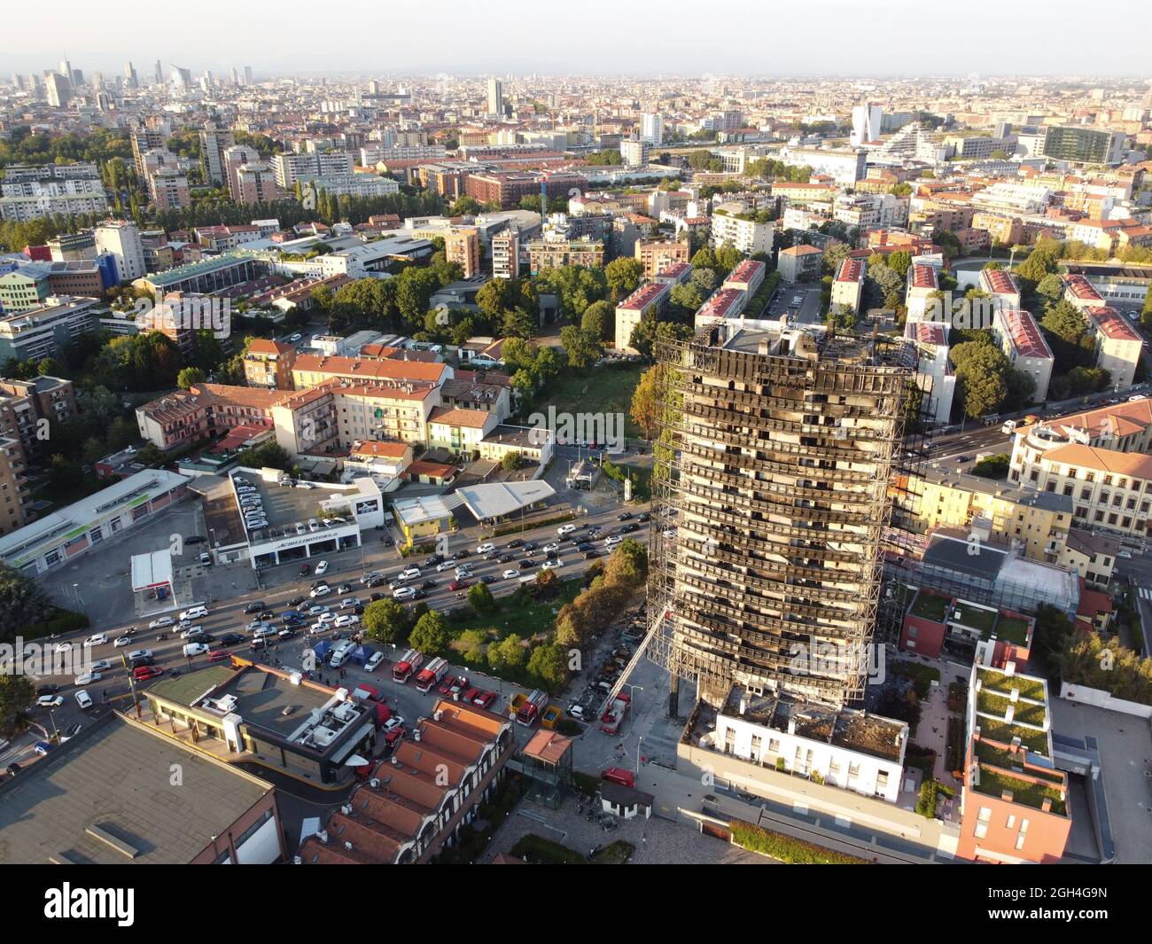Milan, Italy - September 5, 2021: street view of the burned skyscraper ...