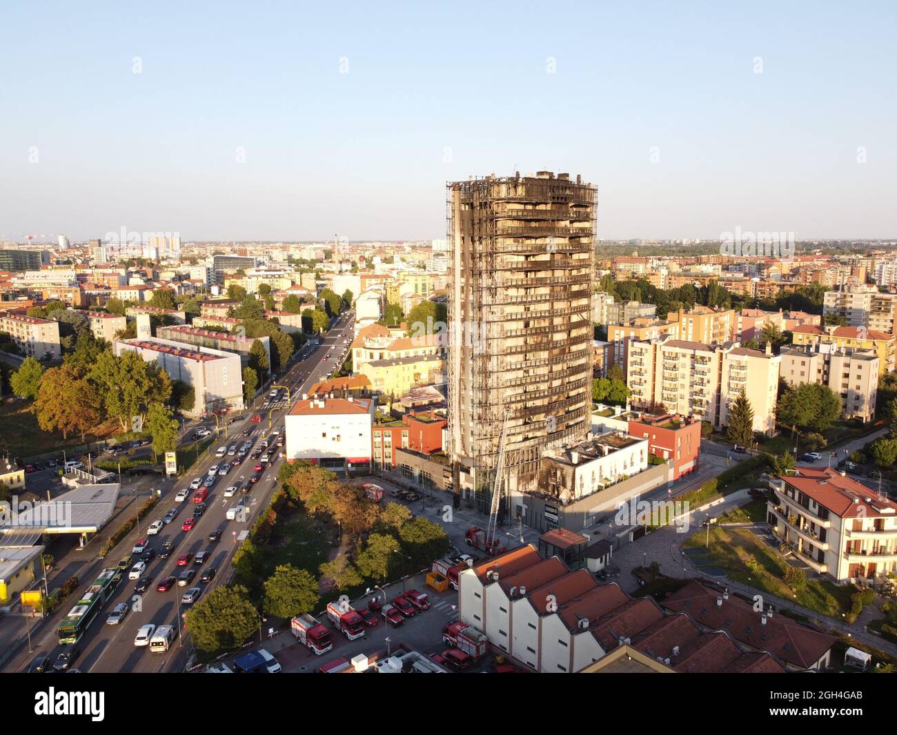 Milan, Italy - September 5, 2021: street view of the burned skyscraper ...