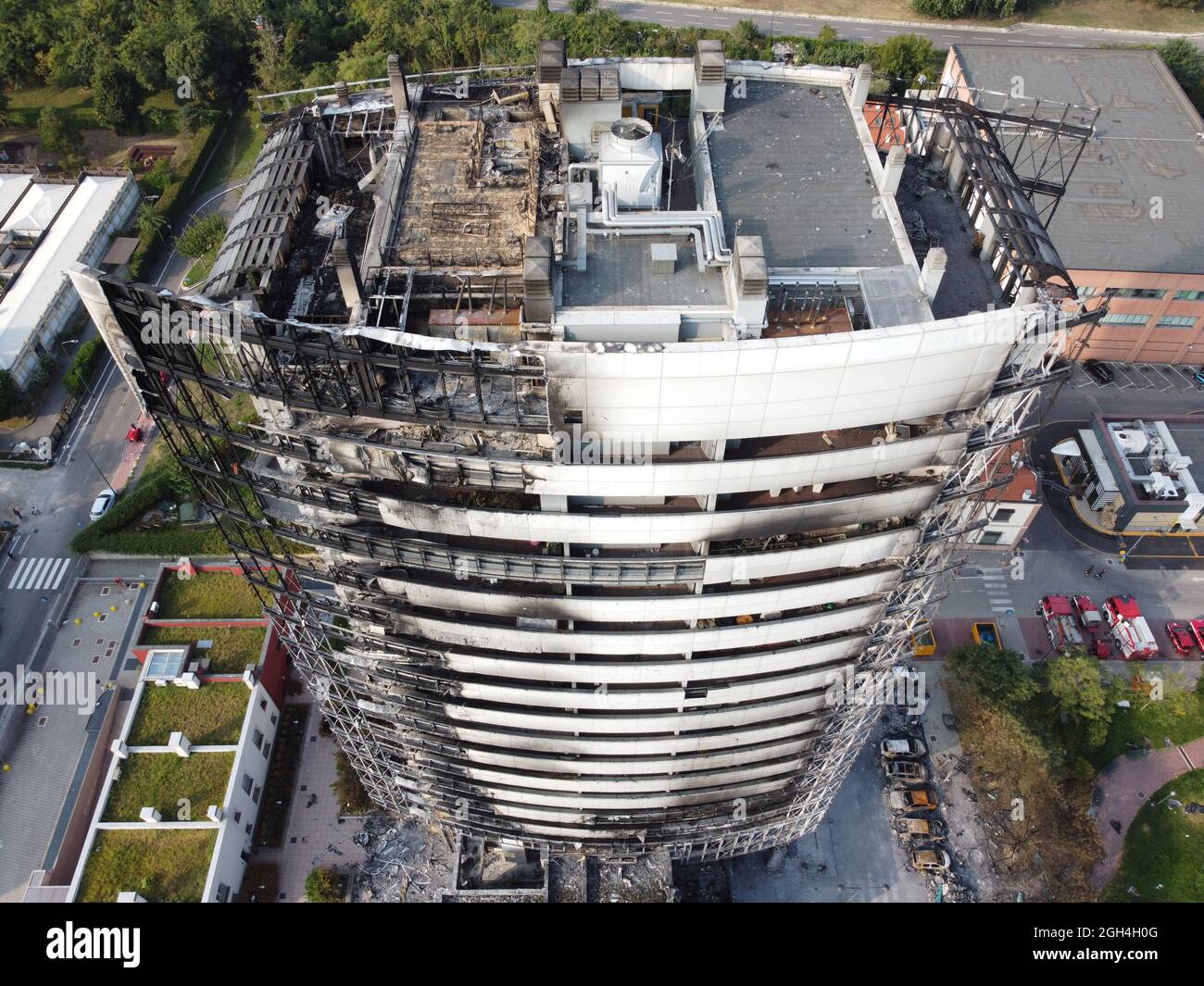 Milan, Italy - September 5, 2021: street view of the burned skyscraper ...