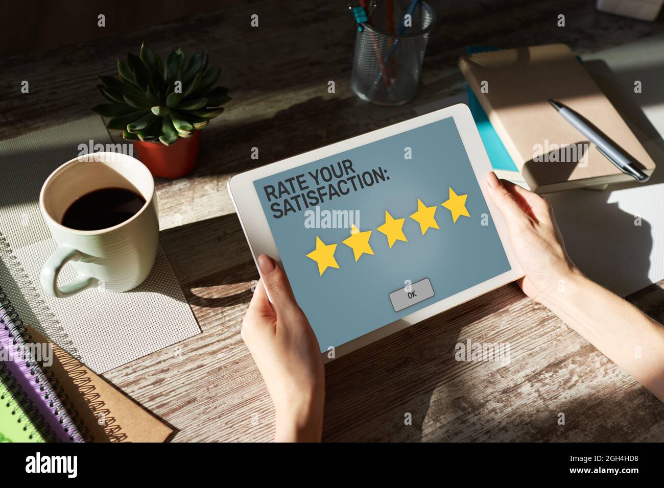 Rate your experience. Customer satisfaction review. Five star on device ...
