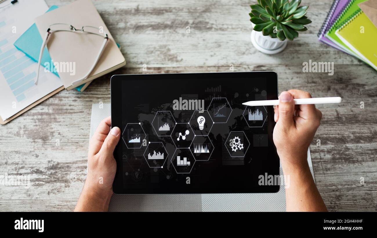 Business process control panel and data analysing monitor with chart ...
