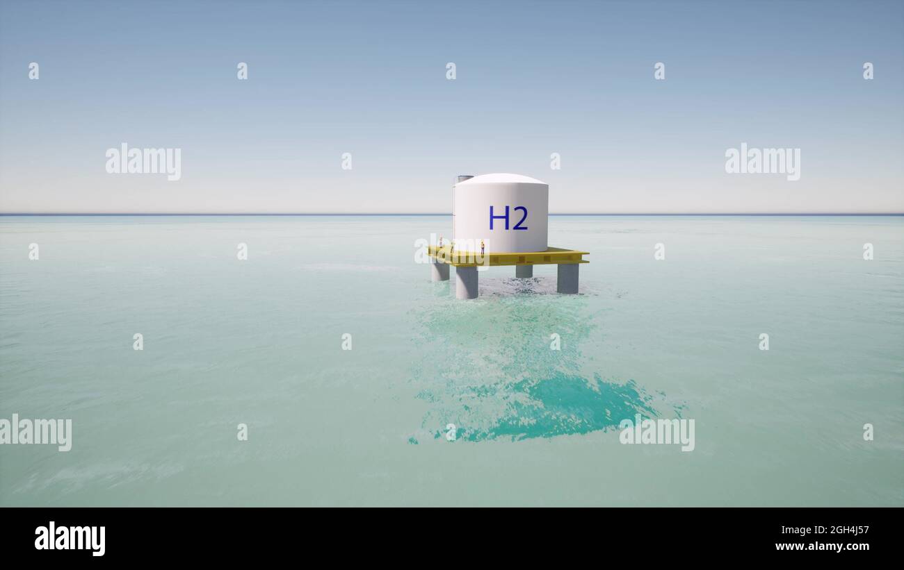 Workers on a hydrogen platform in the ocean Sustainable energy 3d ...
