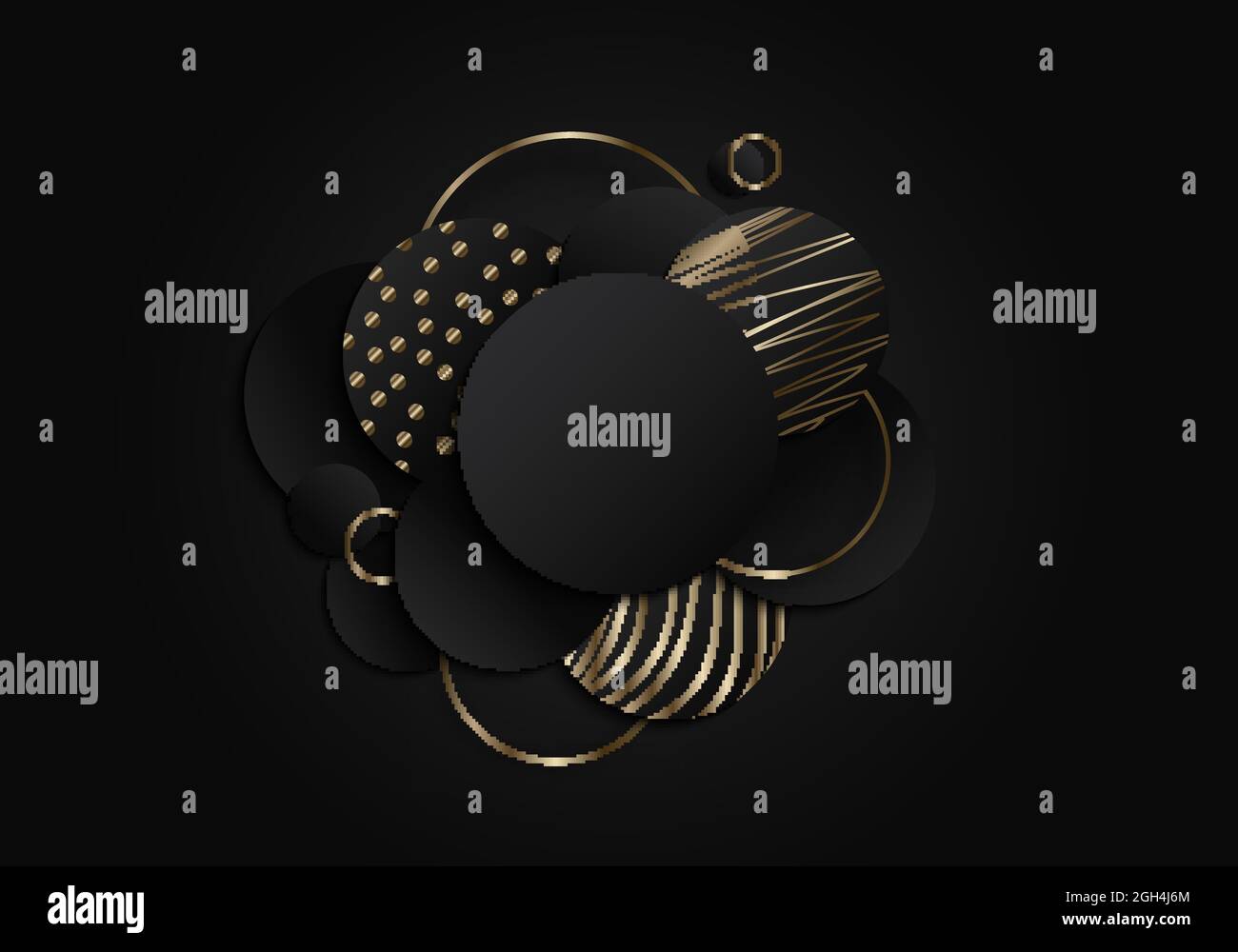 Abstract black circles geometric overlapping layered with gold lines pattern elements on dark ...