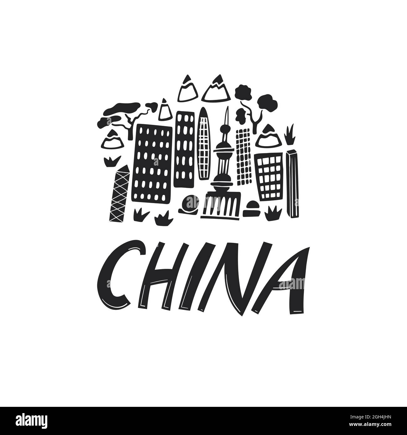 Vector hand drawn landmarl logo of China. Travel picogram. Geography ...