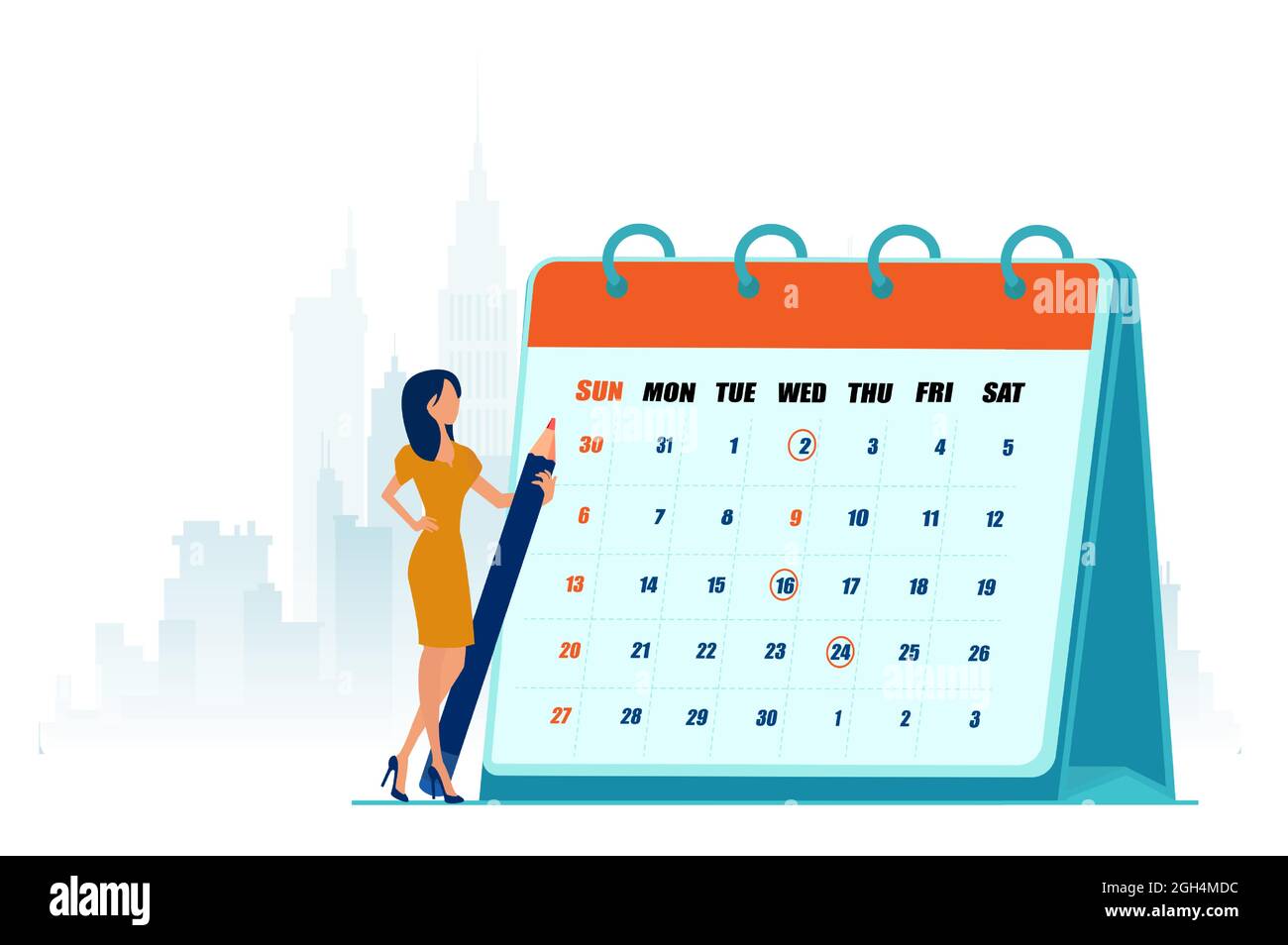 Vector of a business woman with a pencil standing near calendar with ...