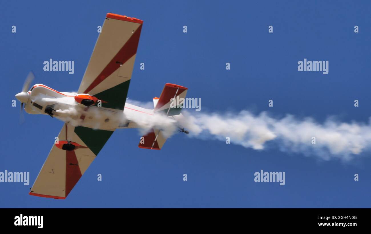 Ferrara Italy JUNE, 27, 2021 Close view of a small propeller plane in ...