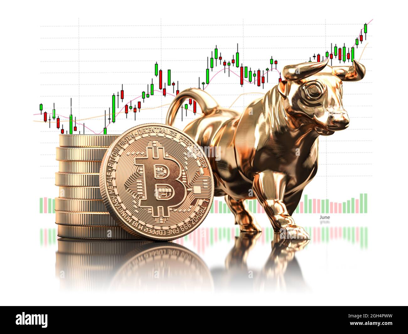 Bitcoin coin with bull and stock chart isolated on white. Bullish ...