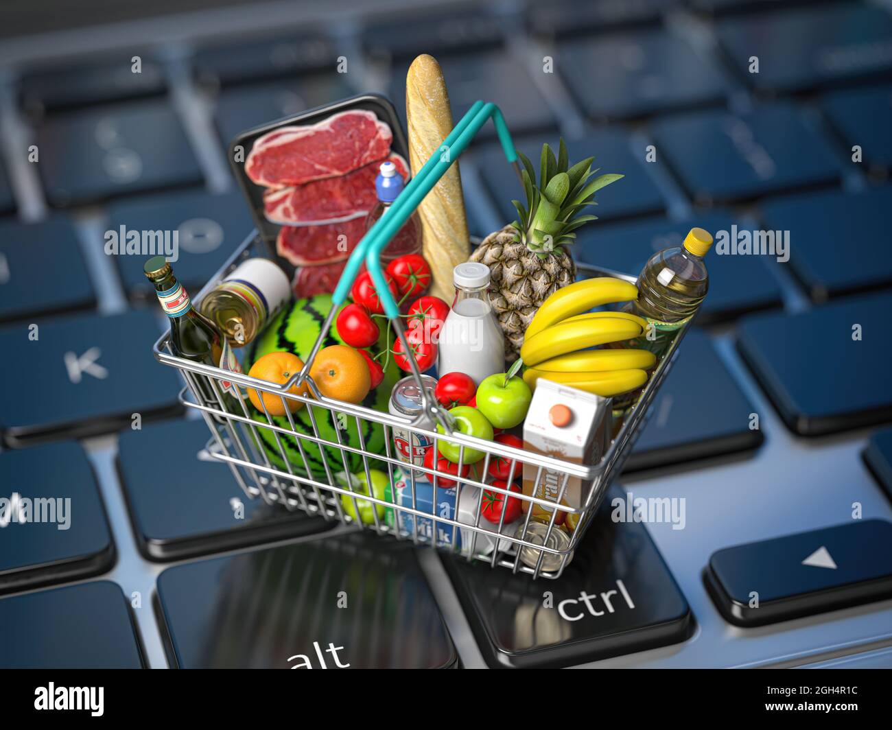 Grocery food buying online and delivery concept. Shopping basket full ...