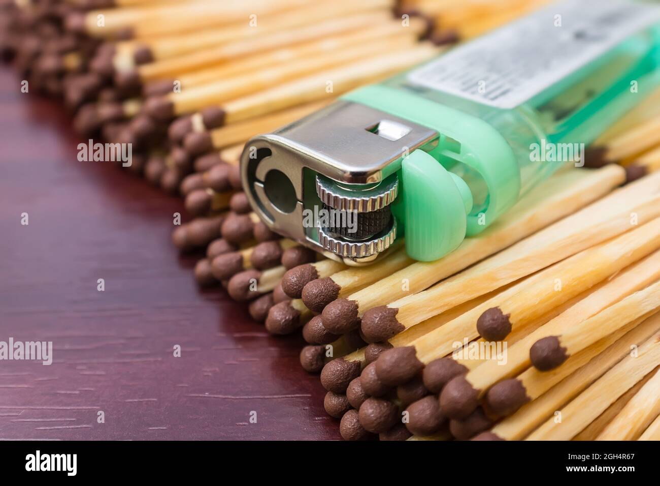 A gas pocket lighter lies on a stack of matches close-up Stock Photo ...