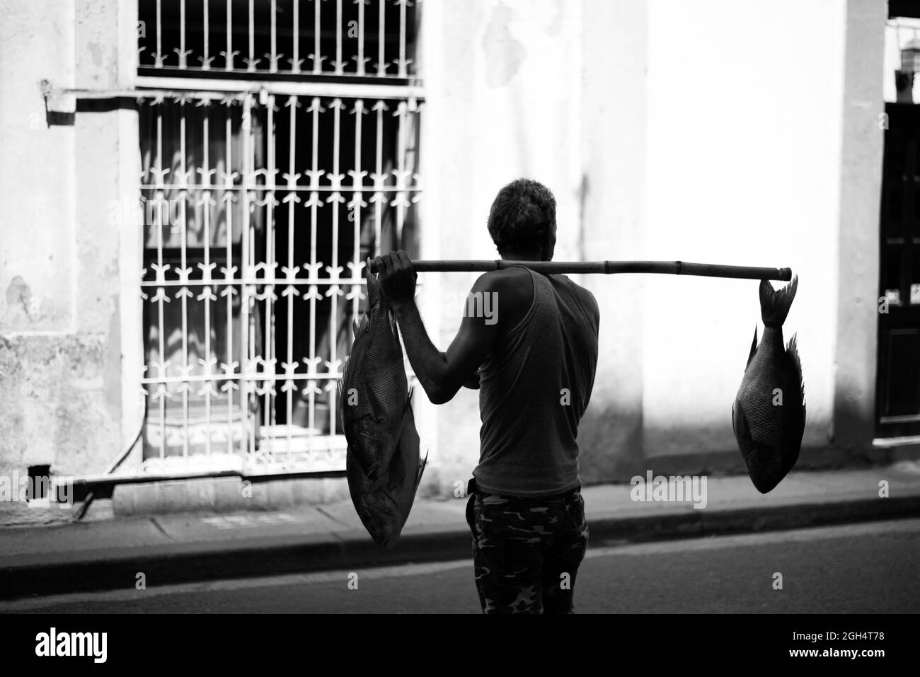 Man carrying fish Black and White Stock Photos & Images - Alamy