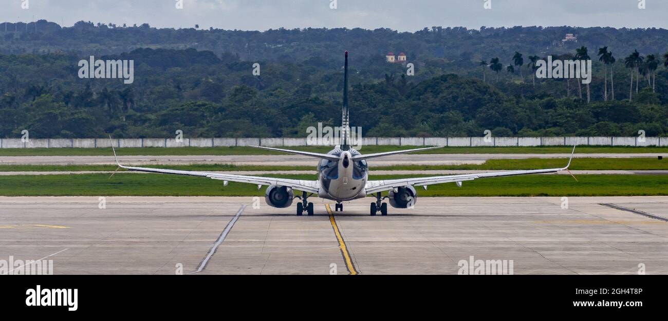 A horizontal shot of a white blue airplane on the ground with trees and ...