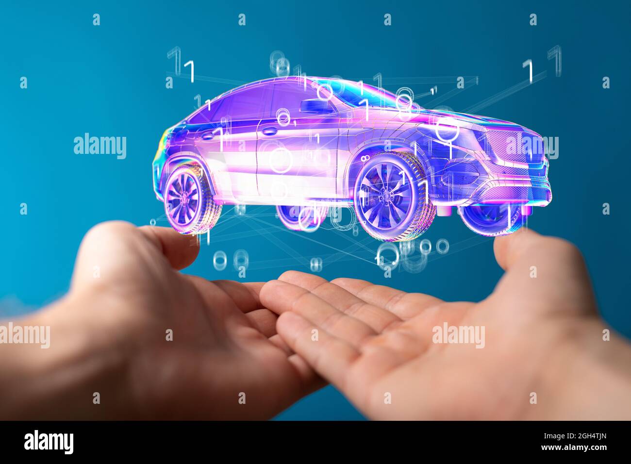 A digital concept of autonomous driving with a 3d electric car floating ...