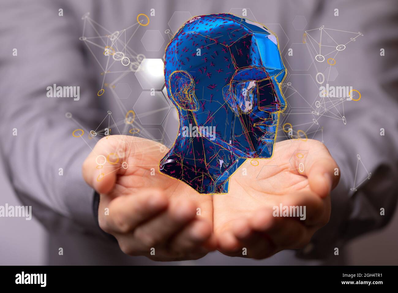 A 3d illustration of a cyborg head construction, abstract polygonal ...