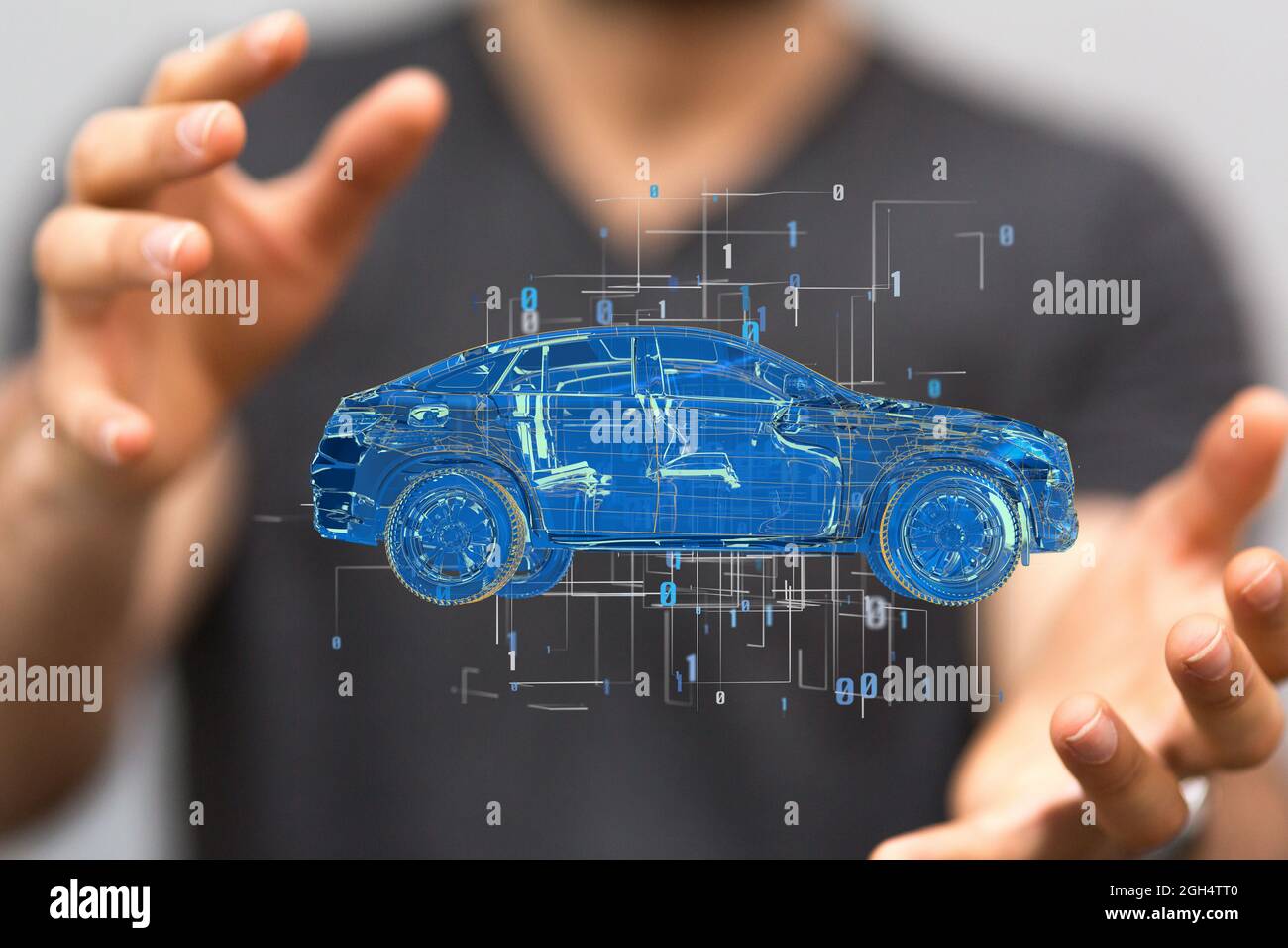 A digital concept of autonomous driving with a 3d electric car floating ...