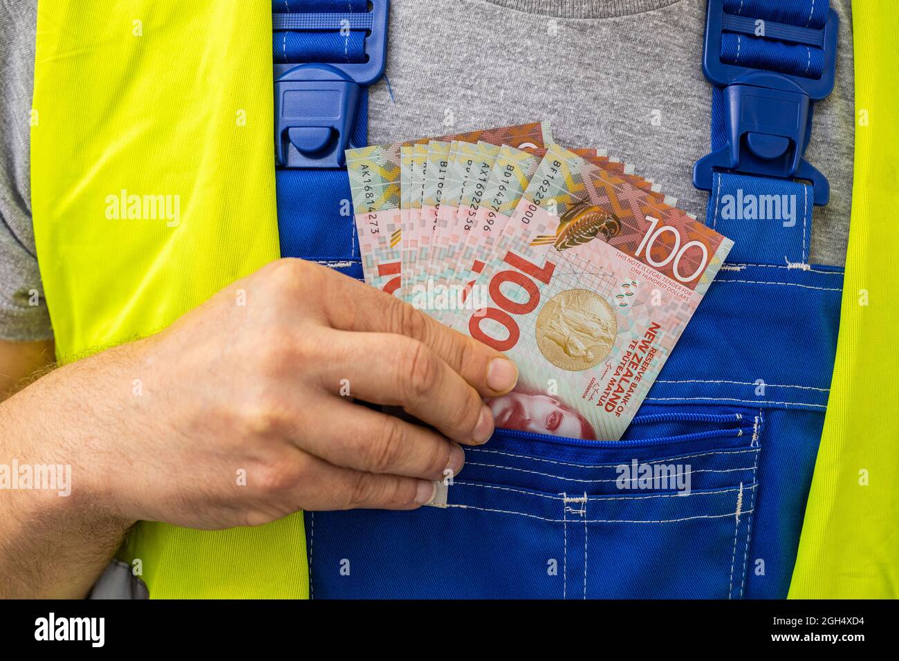 Worker counting his earnings, New Zealand money, Concept of wages and ...