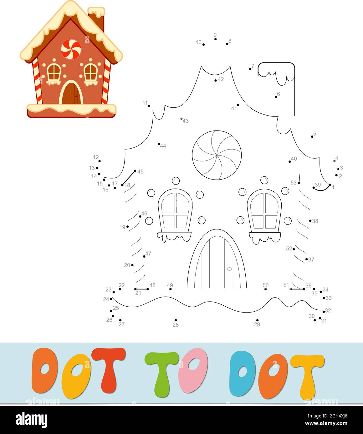 Dot to dot Christmas puzzle. Connect dots game. Gingerbread house ...