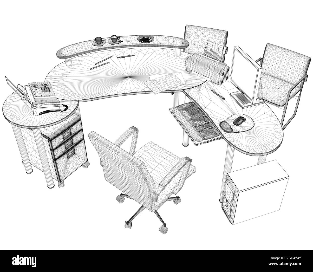 Wireframe of office worker workplace with computer, monitor, telephone ...