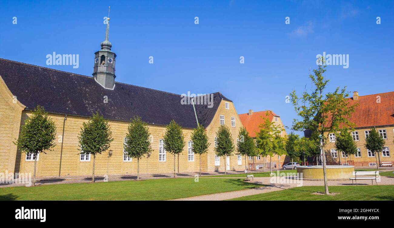 Panorama of the central square with historic church in Christiansfeld ...